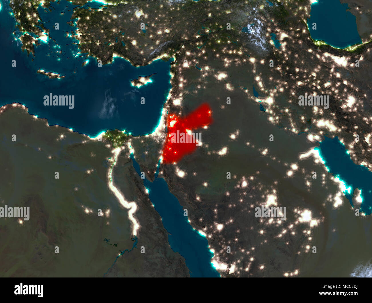 Country of Jordan in red on planet Earth with clouds at night. 3D ...