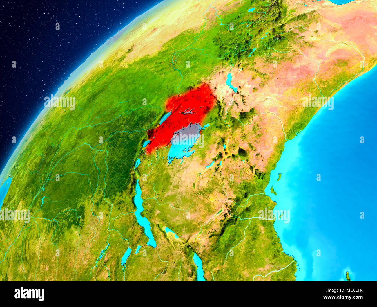 Orbit view of Uganda highlighted in red on planet Earth. 3D ...