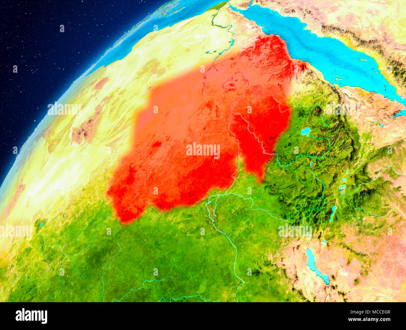 Orbit view of Sudan highlighted in red on planet Earth. 3D illustration. Elements of this image ...
