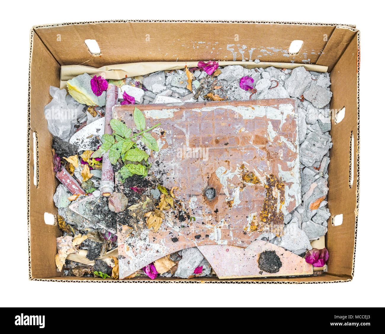 Top view isolated photo of cardboard box with garbage Stock Photo - Alamy