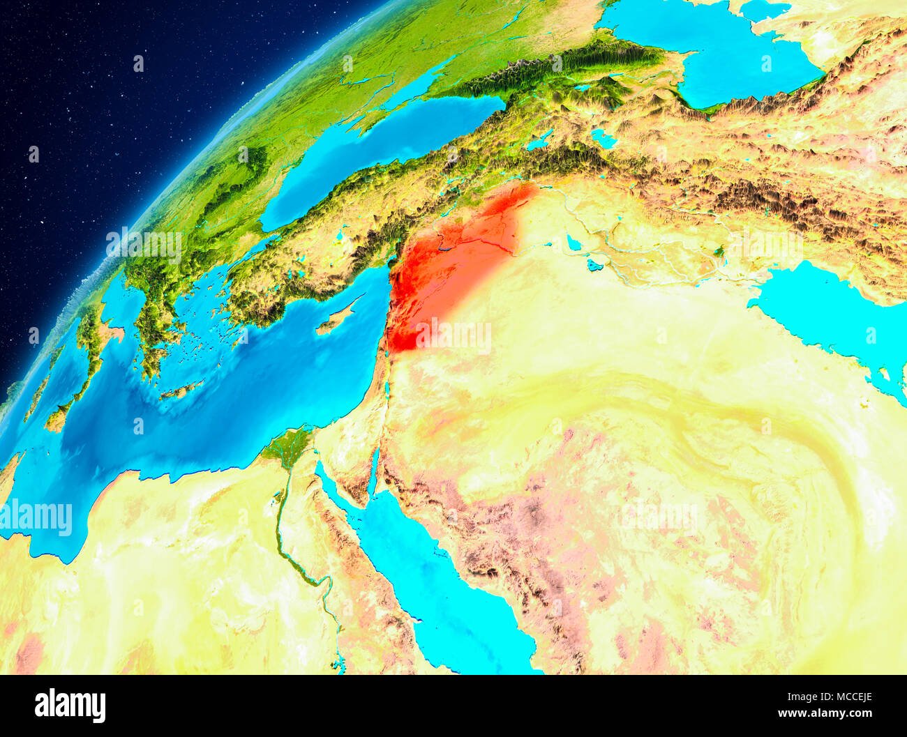 Orbit view of Syria highlighted in red on planet Earth. 3D illustration ...