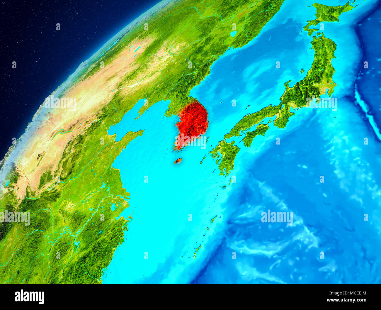 Orbit view of South Korea highlighted in red on planet Earth. 3D ...
