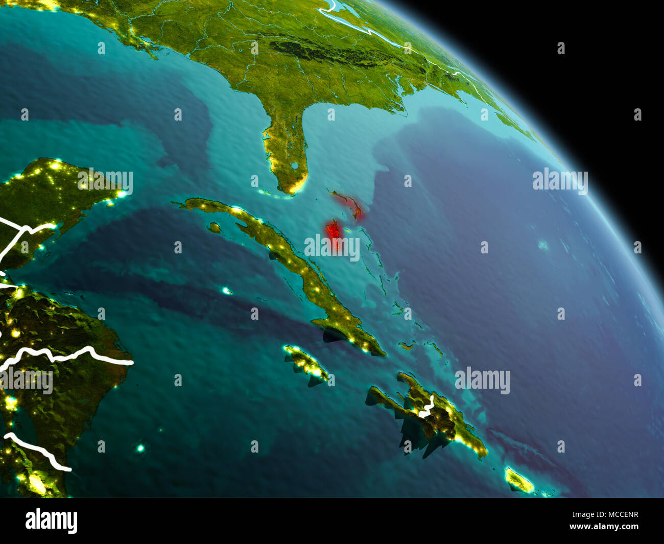 Early morning view of Bahamas highlighted in red on planet Earth with ...