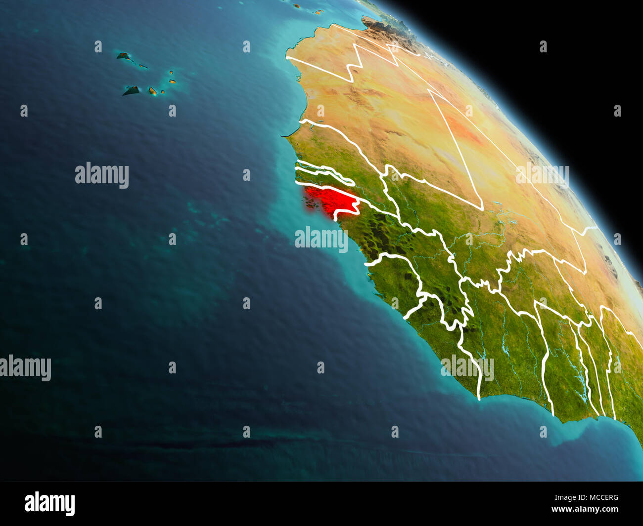 Early morning view of Guinea-Bissau highlighted in red on planet Earth ...