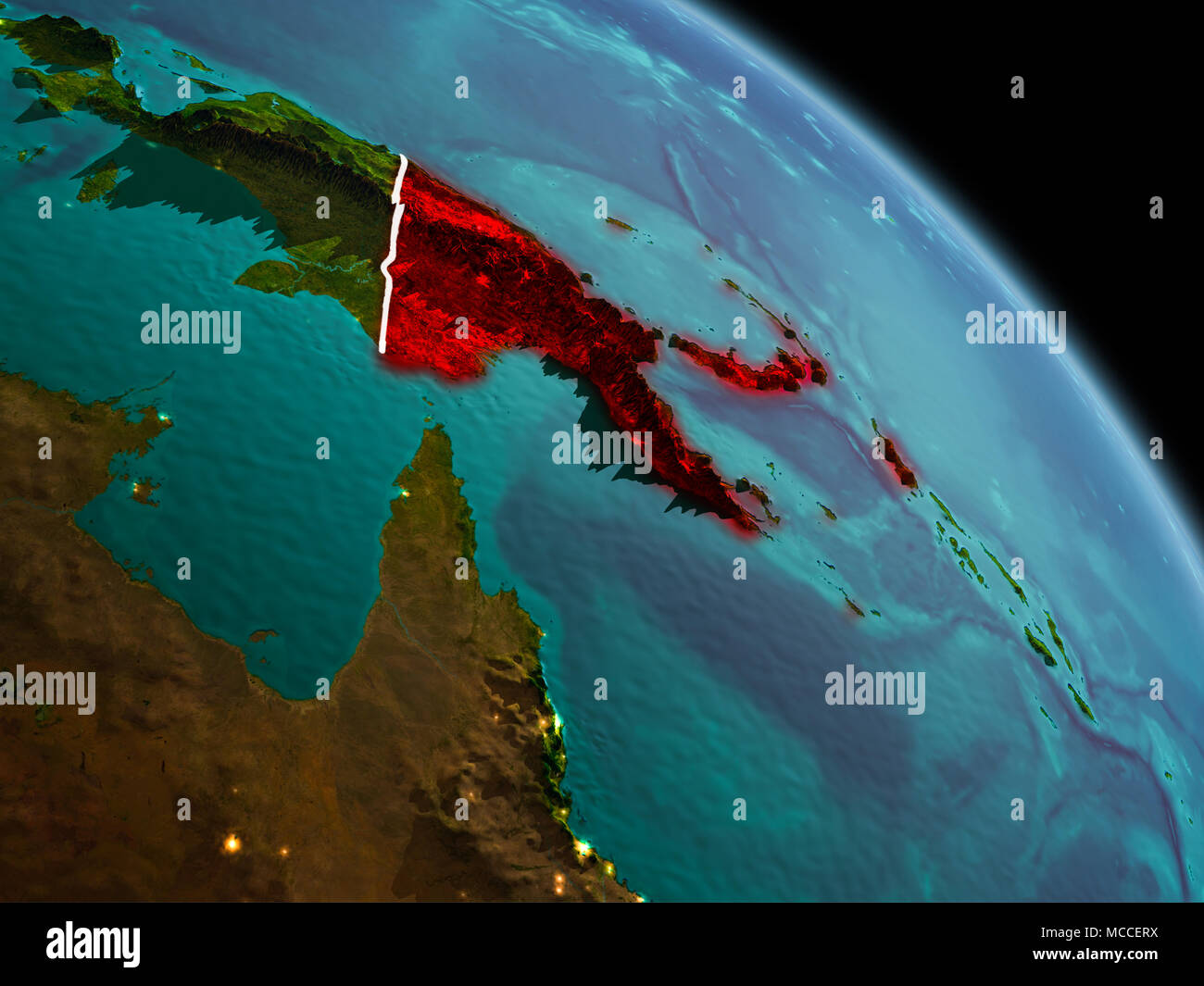 Early morning view of Papua New Guinea highlighted in red on planet Earth with visible border ...