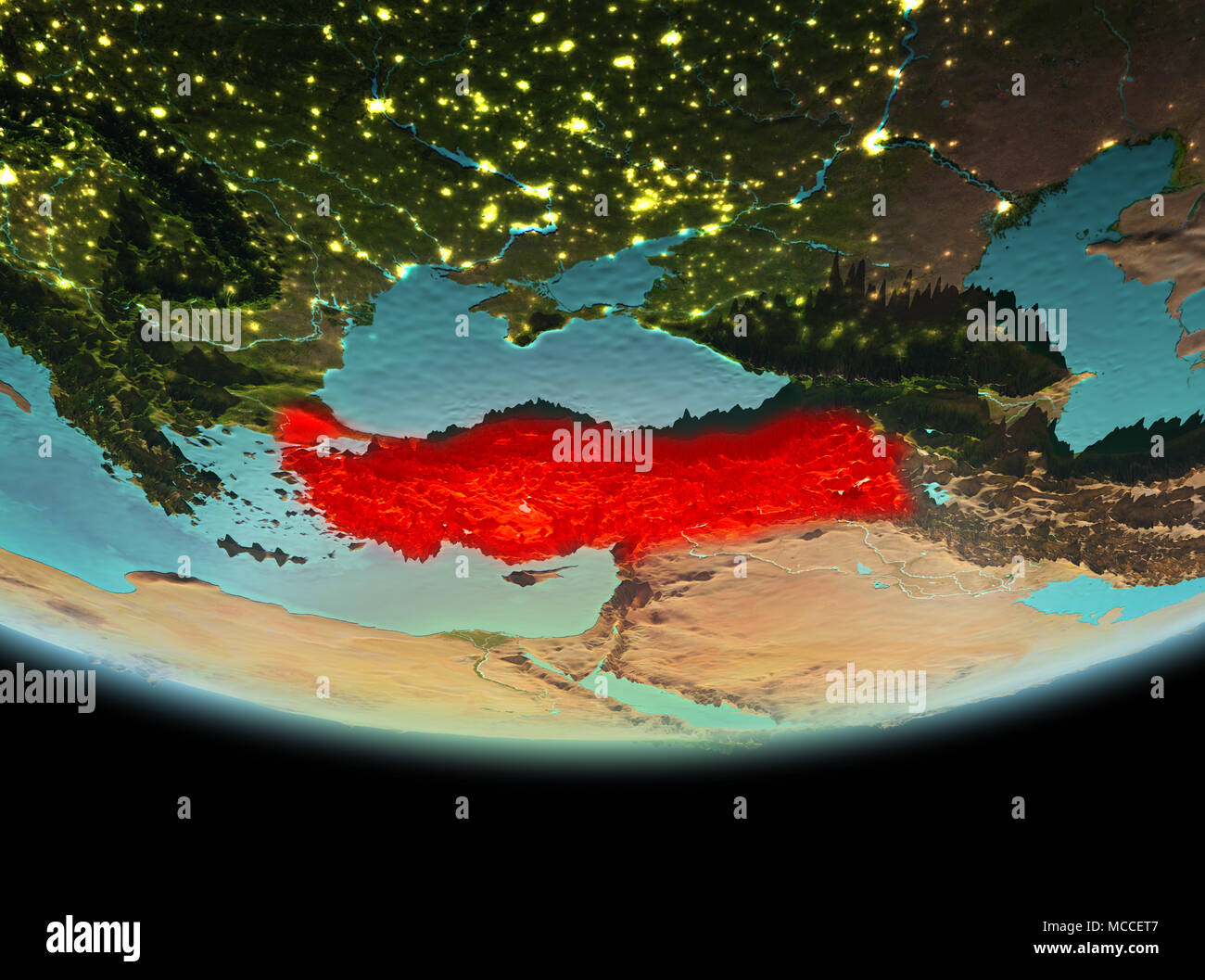 Turkey from orbit of planet Earth at night with highly detailed surface ...