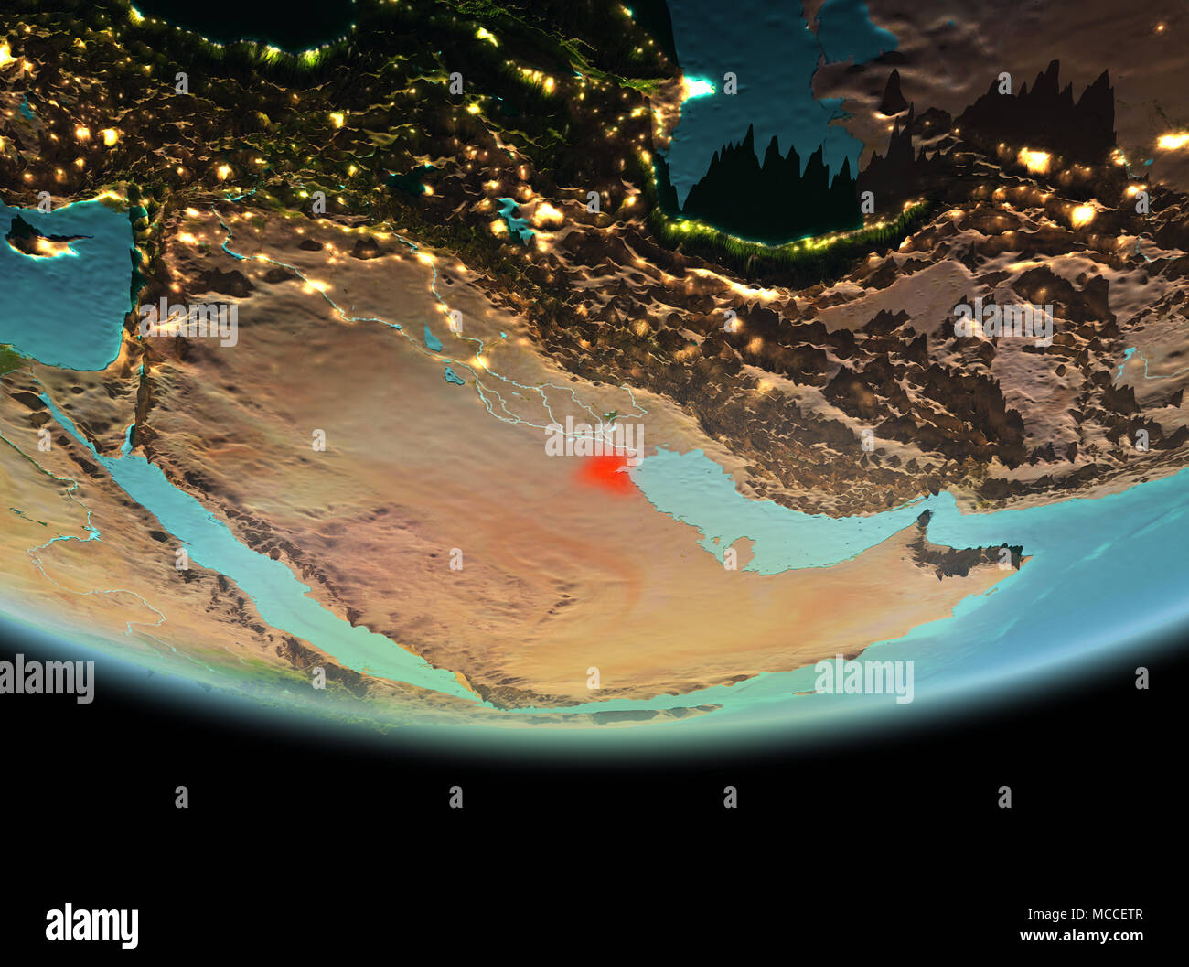 Kuwait from orbit of planet Earth at night with highly detailed surface ...