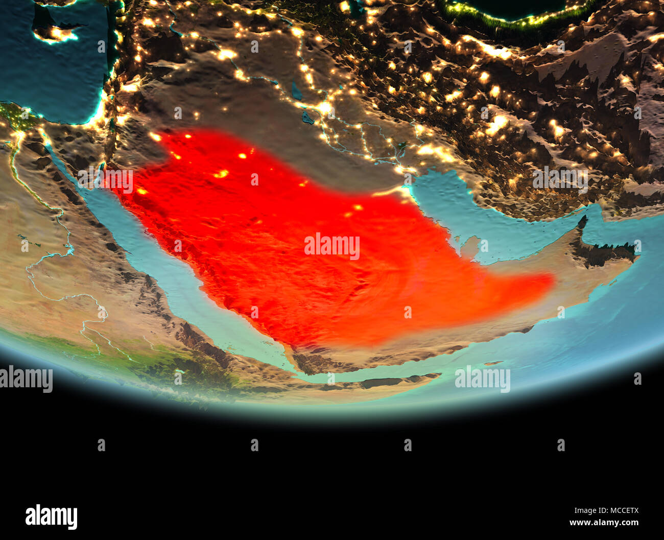 Saudi Arabia from orbit of planet Earth at night with highly detailed ...