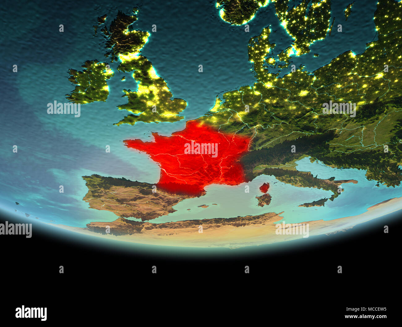 France from orbit of planet Earth at night with highly detailed surface ...