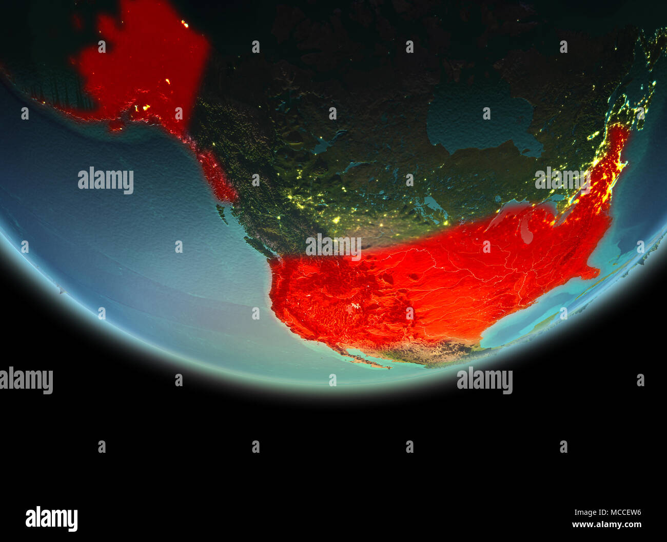 USA from orbit of planet Earth at night with highly detailed surface ...