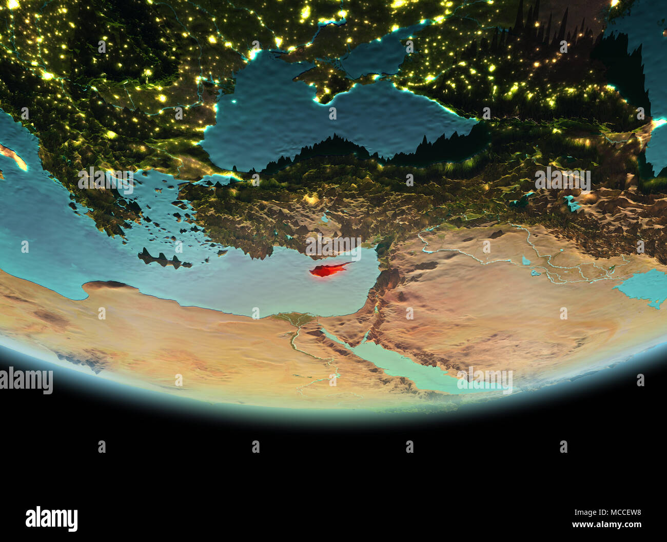 Cyprus from orbit of planet Earth at night with highly detailed surface ...