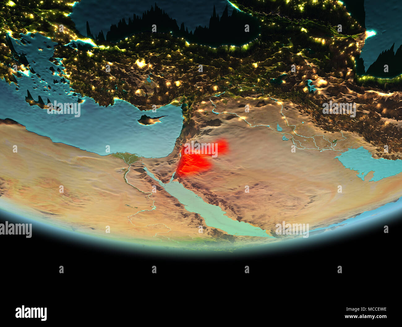 Jordan from orbit of planet Earth at night with highly detailed surface ...