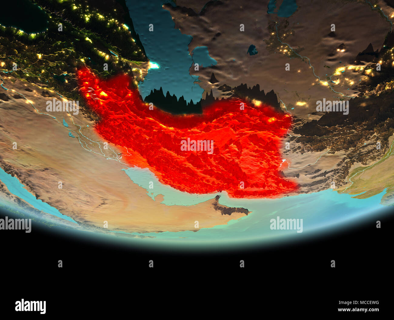 Iran from orbit of planet Earth at night with highly detailed surface ...