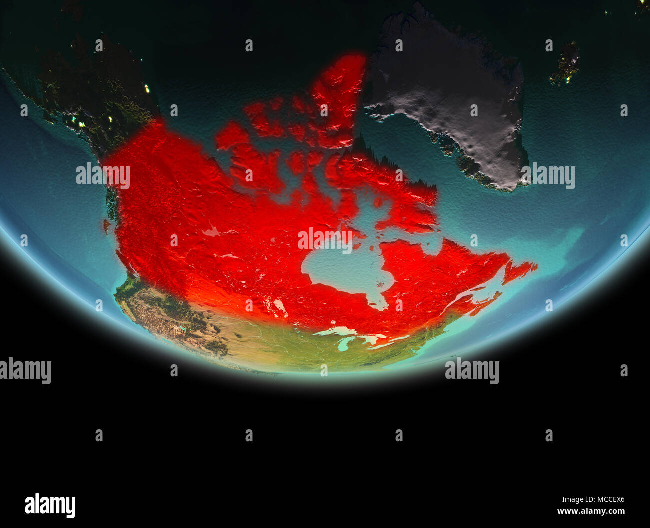 Canada from orbit of planet Earth at night with highly detailed surface ...