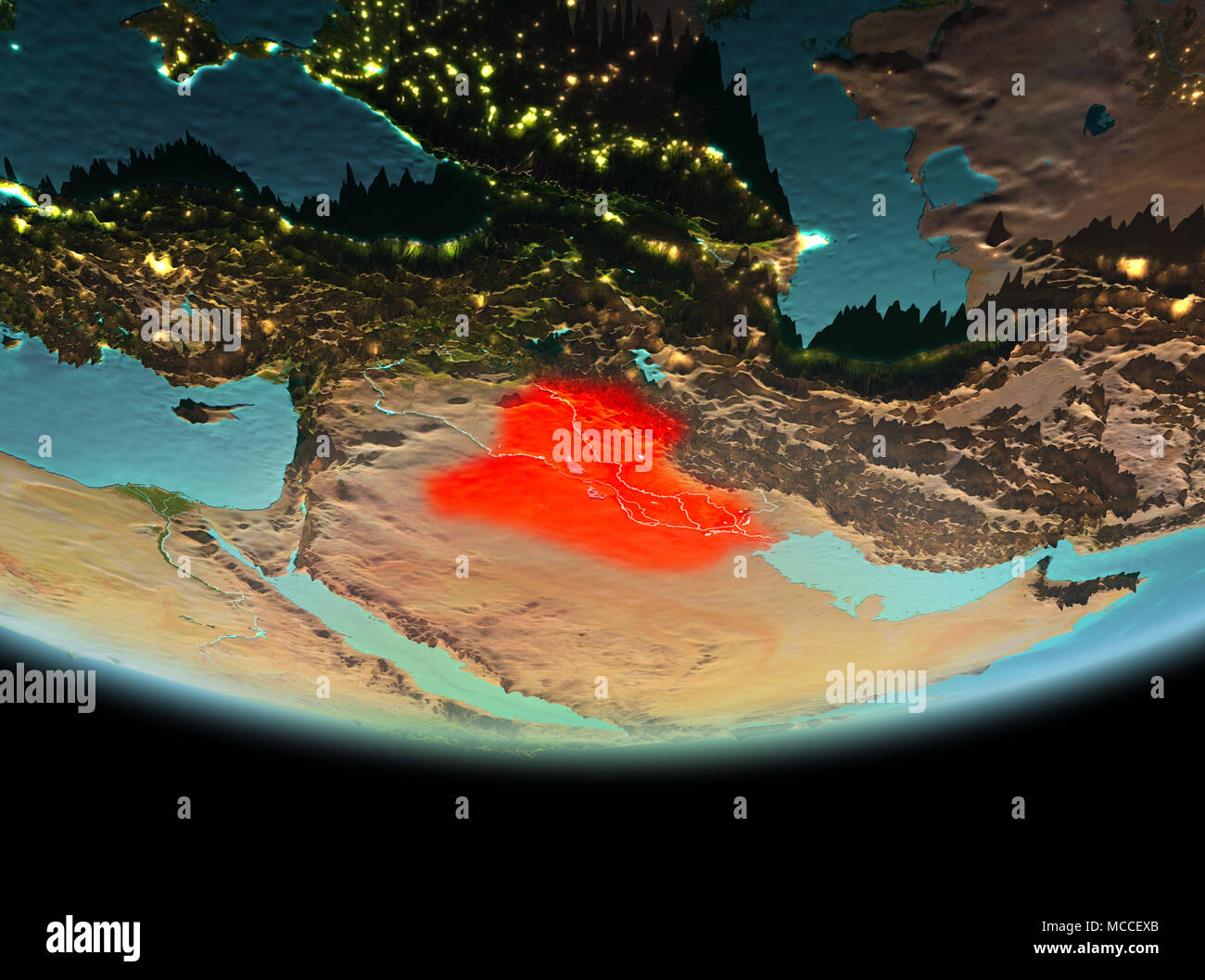 Iraq from orbit of planet Earth at night with highly detailed surface ...