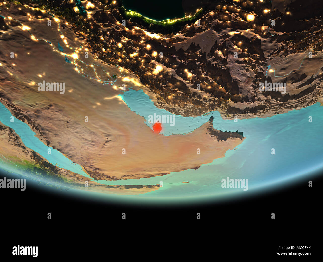 Qatar from orbit of planet Earth at night with highly detailed surface ...