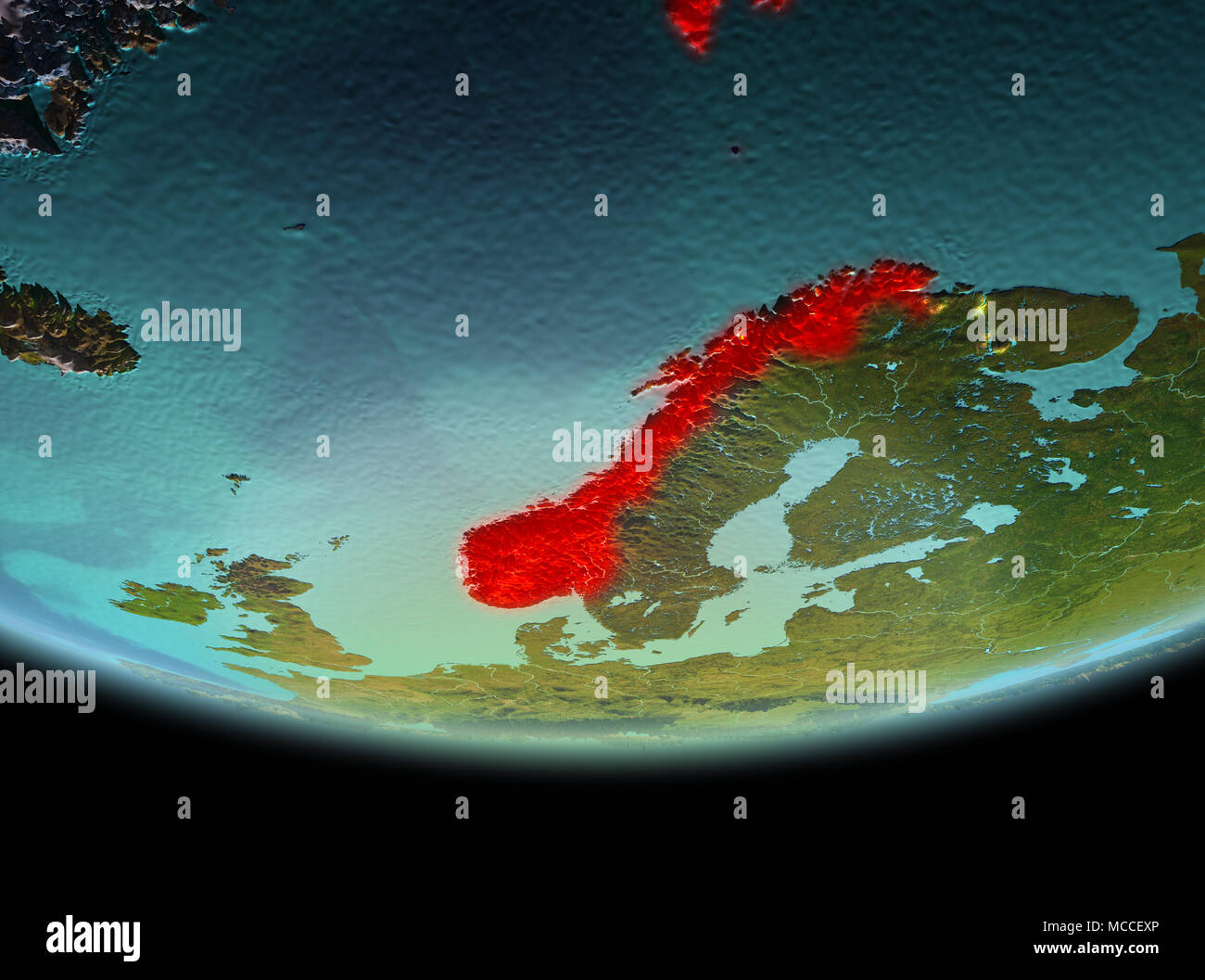 Norway from orbit of planet Earth at night with highly detailed surface ...