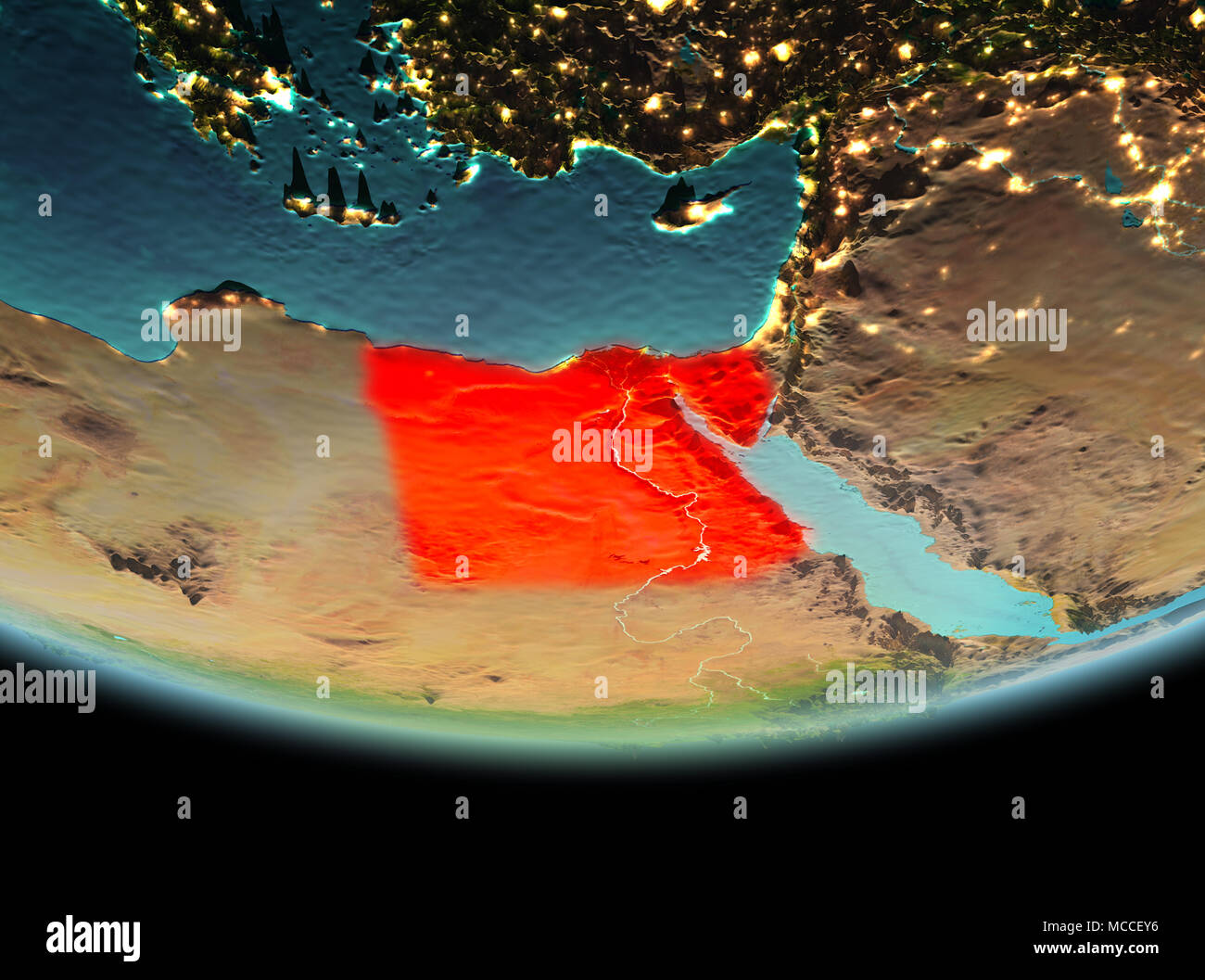 Egypt from orbit of planet Earth at night with highly detailed surface ...