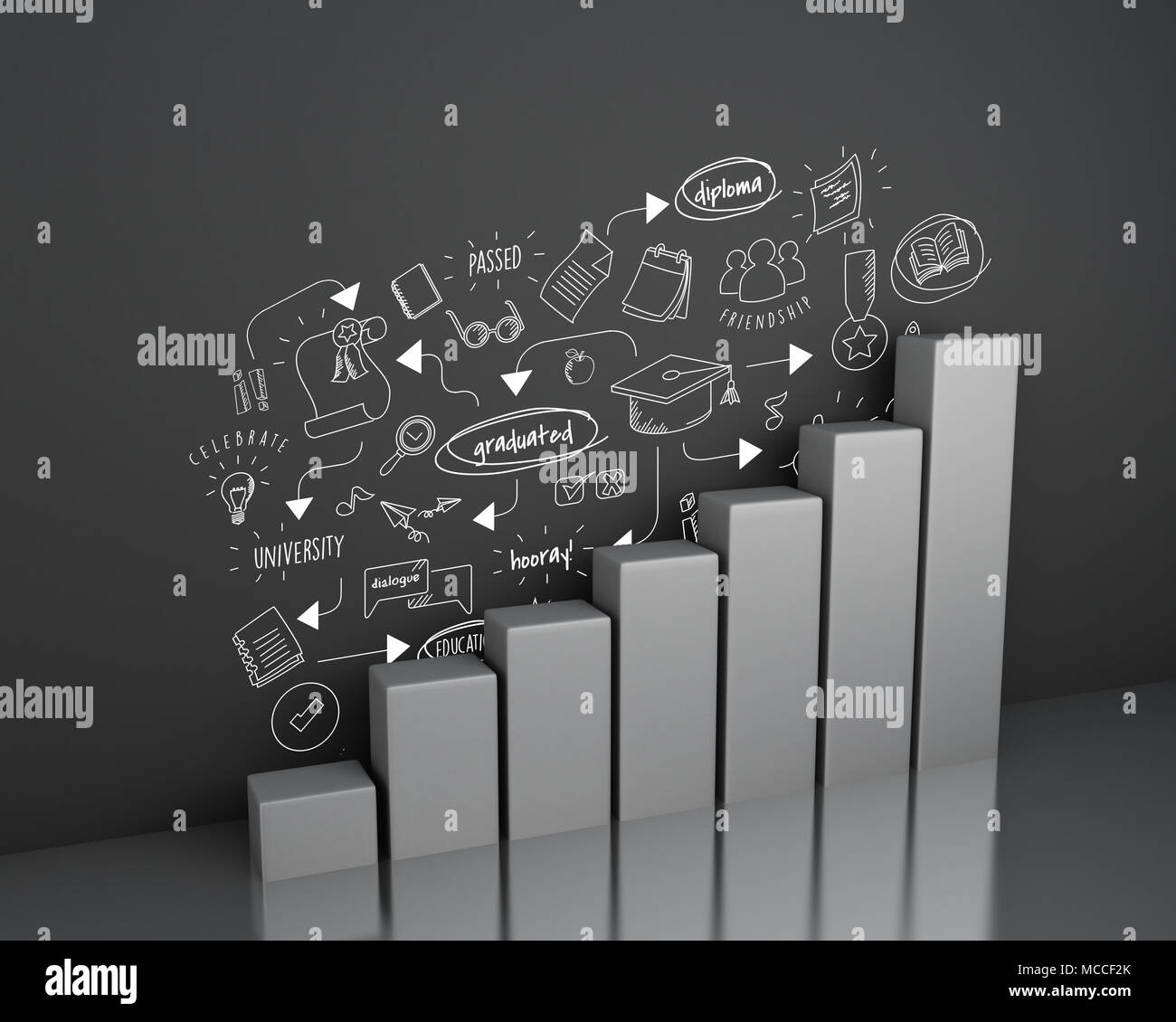 3d illustration. Bar graph with graduation sketch at wall. Education ...