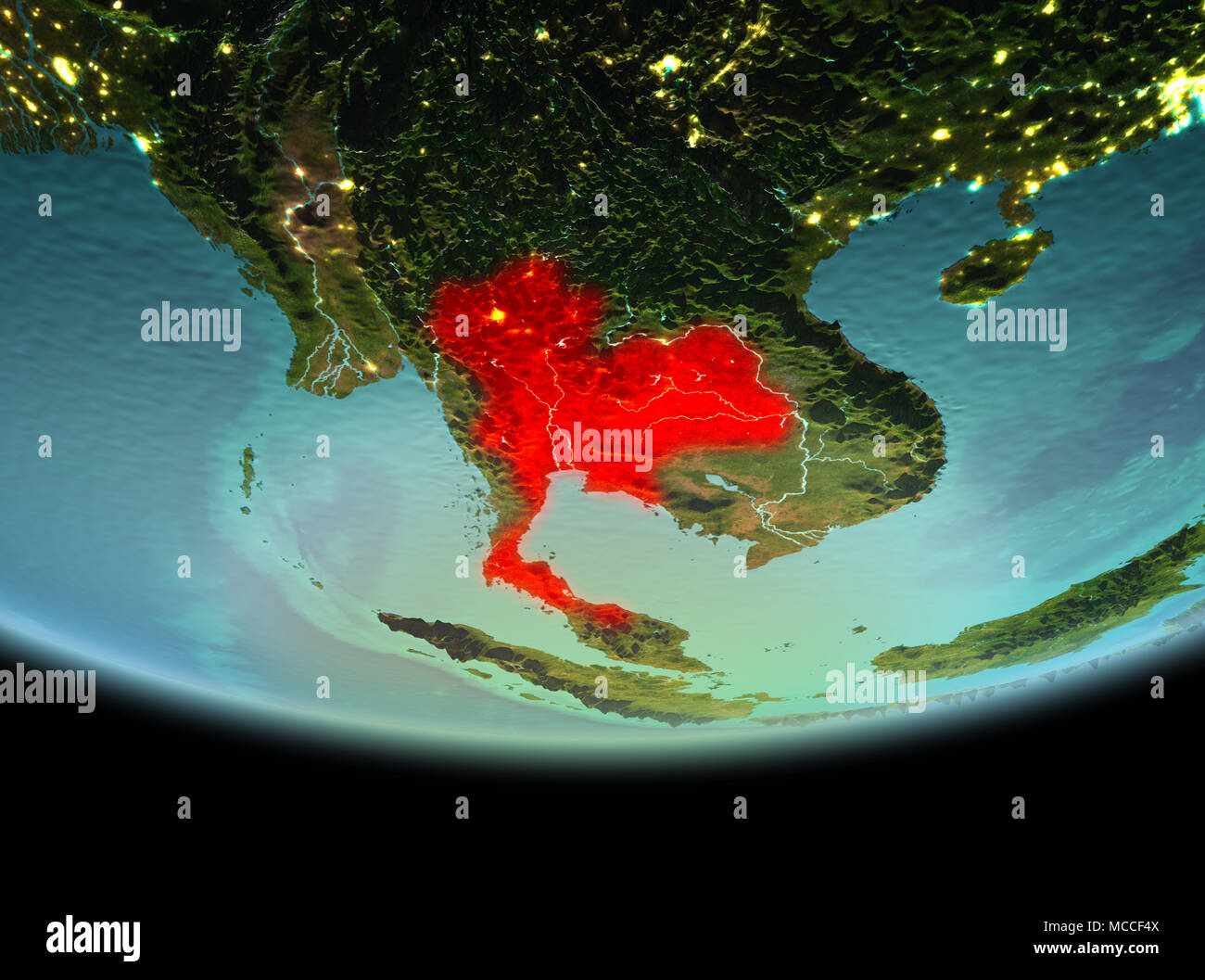 Thailand from orbit of planet Earth at night with highly detailed ...