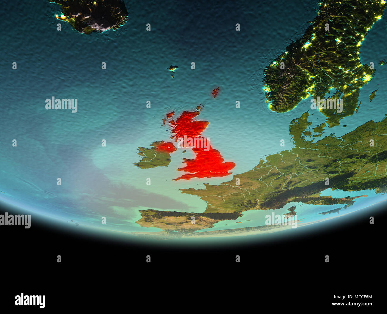 United Kingdom from orbit of planet Earth at night with highly detailed ...