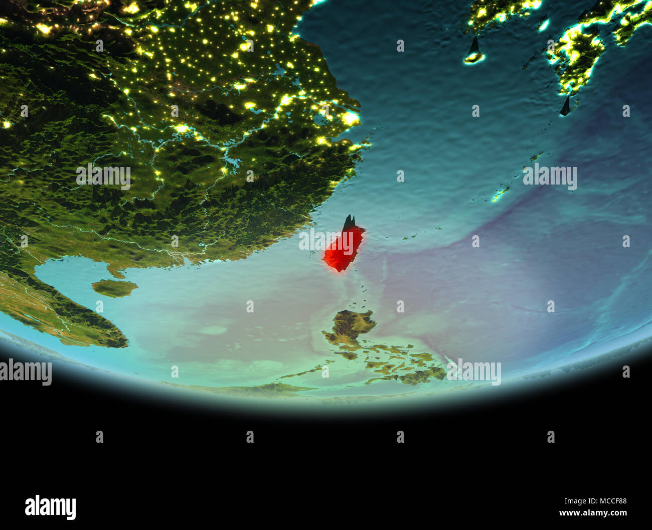 Taiwan from orbit of planet Earth at night with highly detailed surface ...