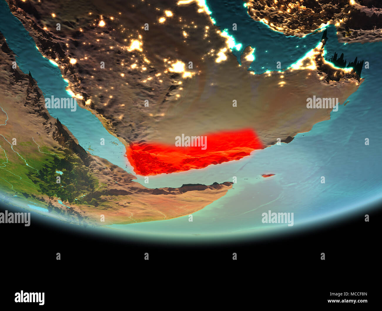 Yemen from orbit of planet Earth at night with highly detailed surface ...