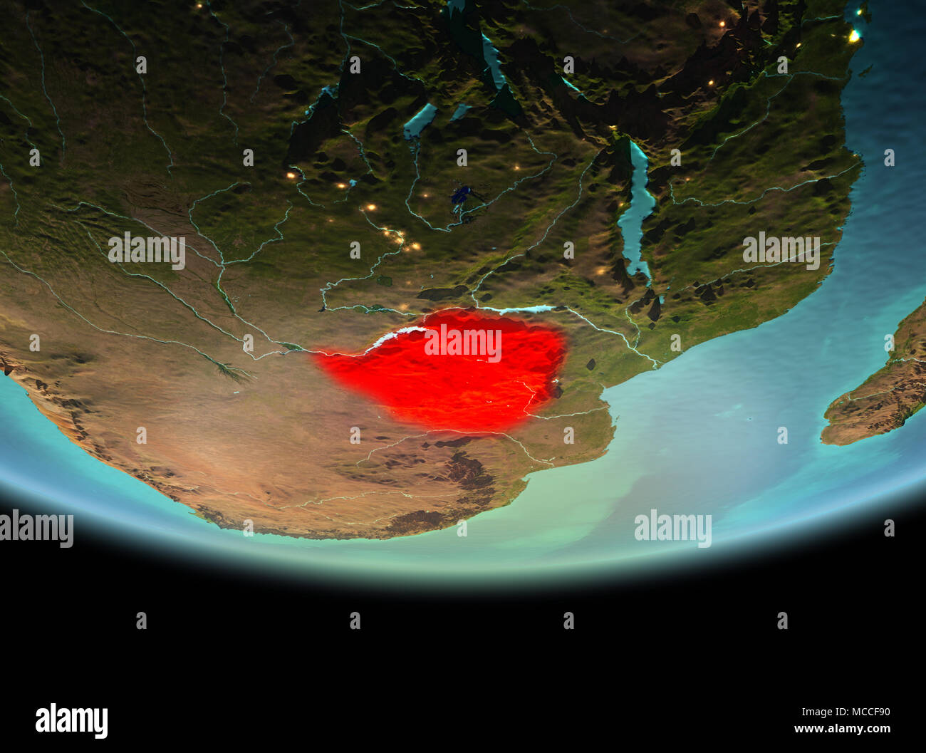 Zimbabwe from orbit of planet Earth at night with highly detailed ...