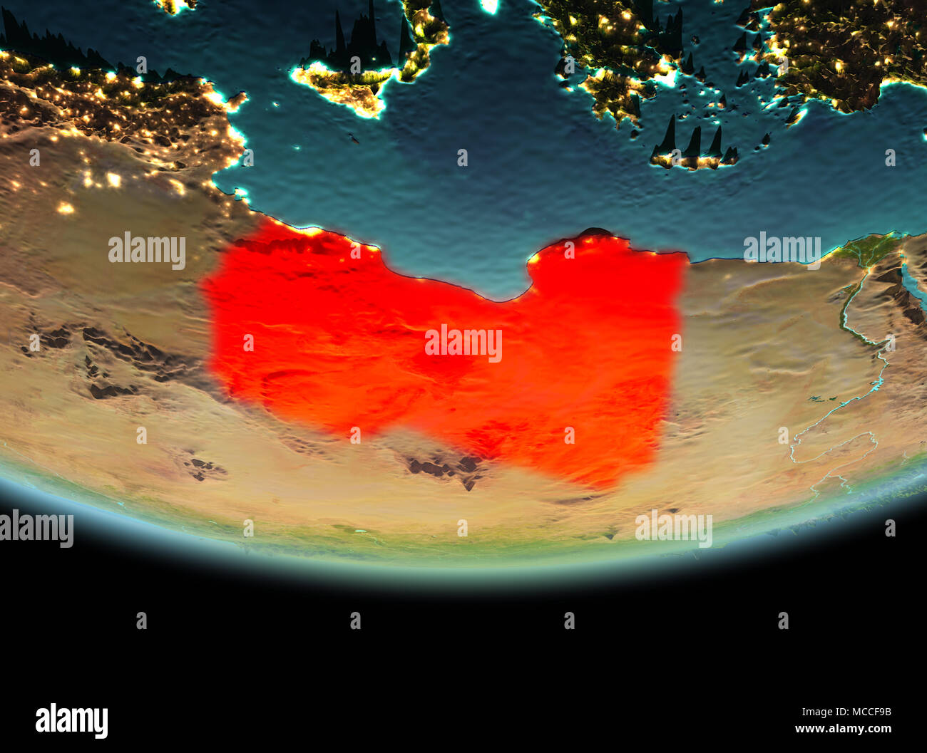 Libya from orbit of planet Earth at night with highly detailed surface ...