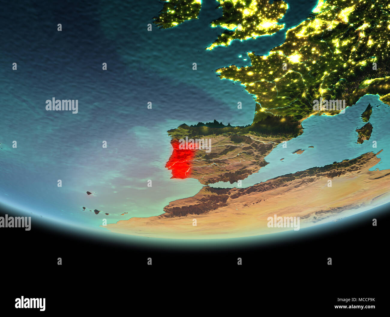 Portugal from orbit of planet Earth at night with highly detailed ...