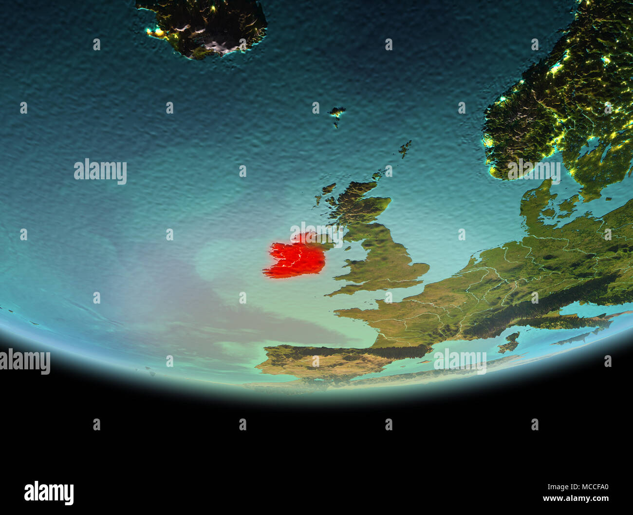 Ireland from orbit of planet Earth at night with highly detailed ...