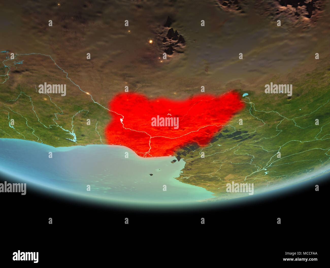 Nigeria from orbit of planet Earth at night with highly detailed ...