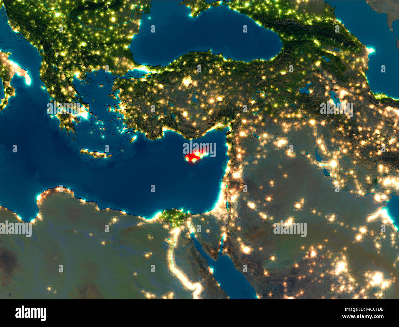 Satellite night view of Cyprus highlighted in red on planet Earth. 3D ...