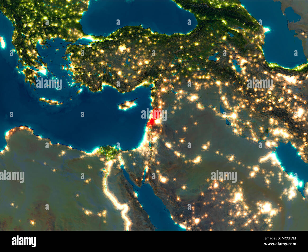 Satellite night view of Lebanon highlighted in red on planet Earth. 3D ...