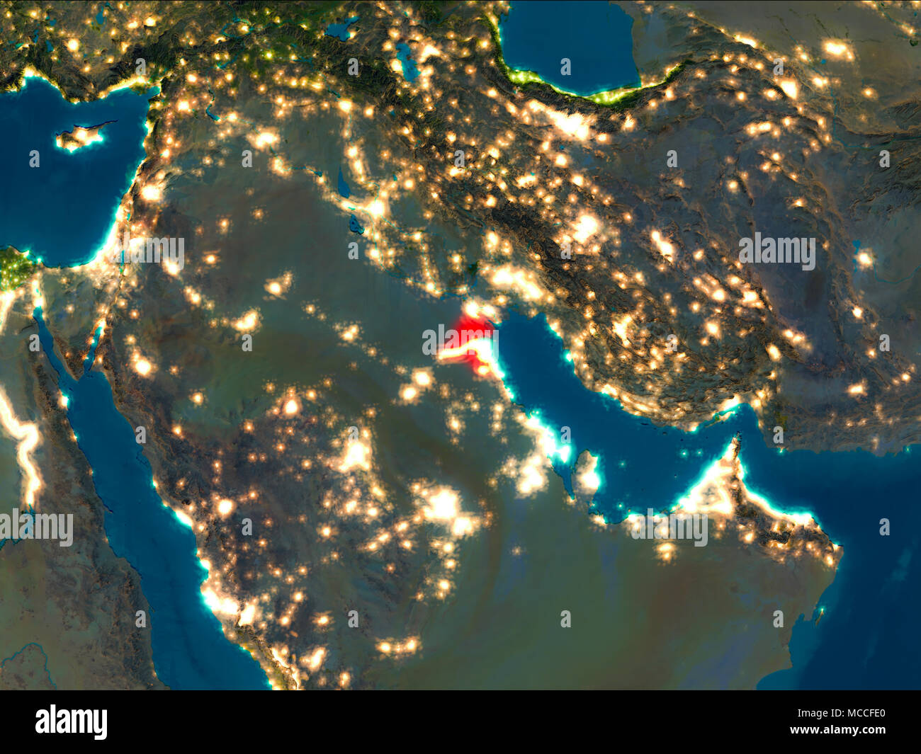 Satellite night view of Kuwait highlighted in red on planet Earth. 3D ...
