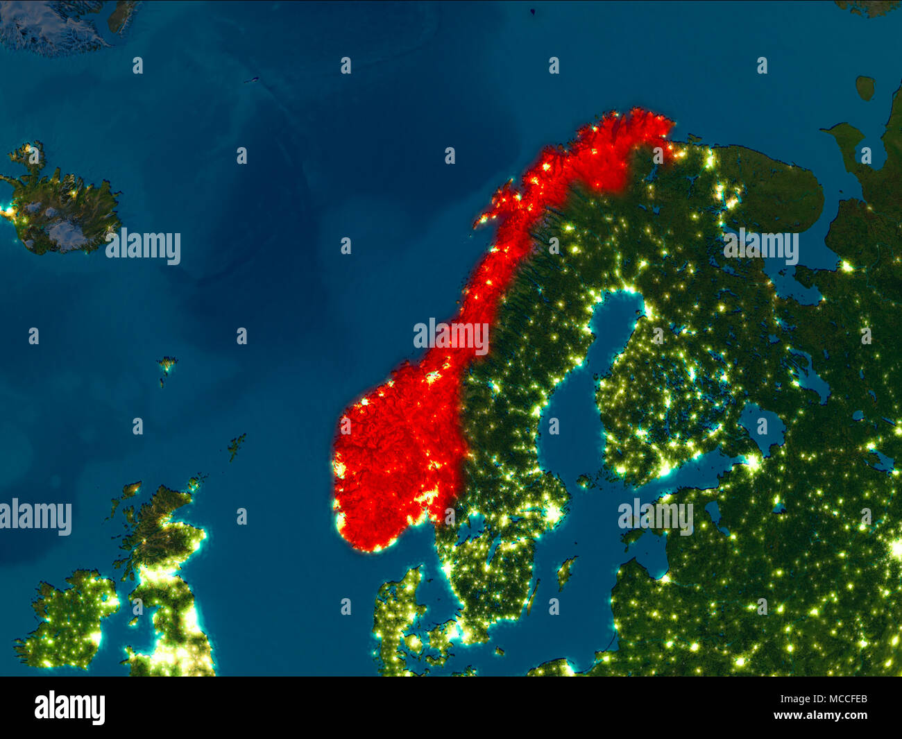 Satellite night view of Norway highlighted in red on planet Earth. 3D illustration. Elements of ...