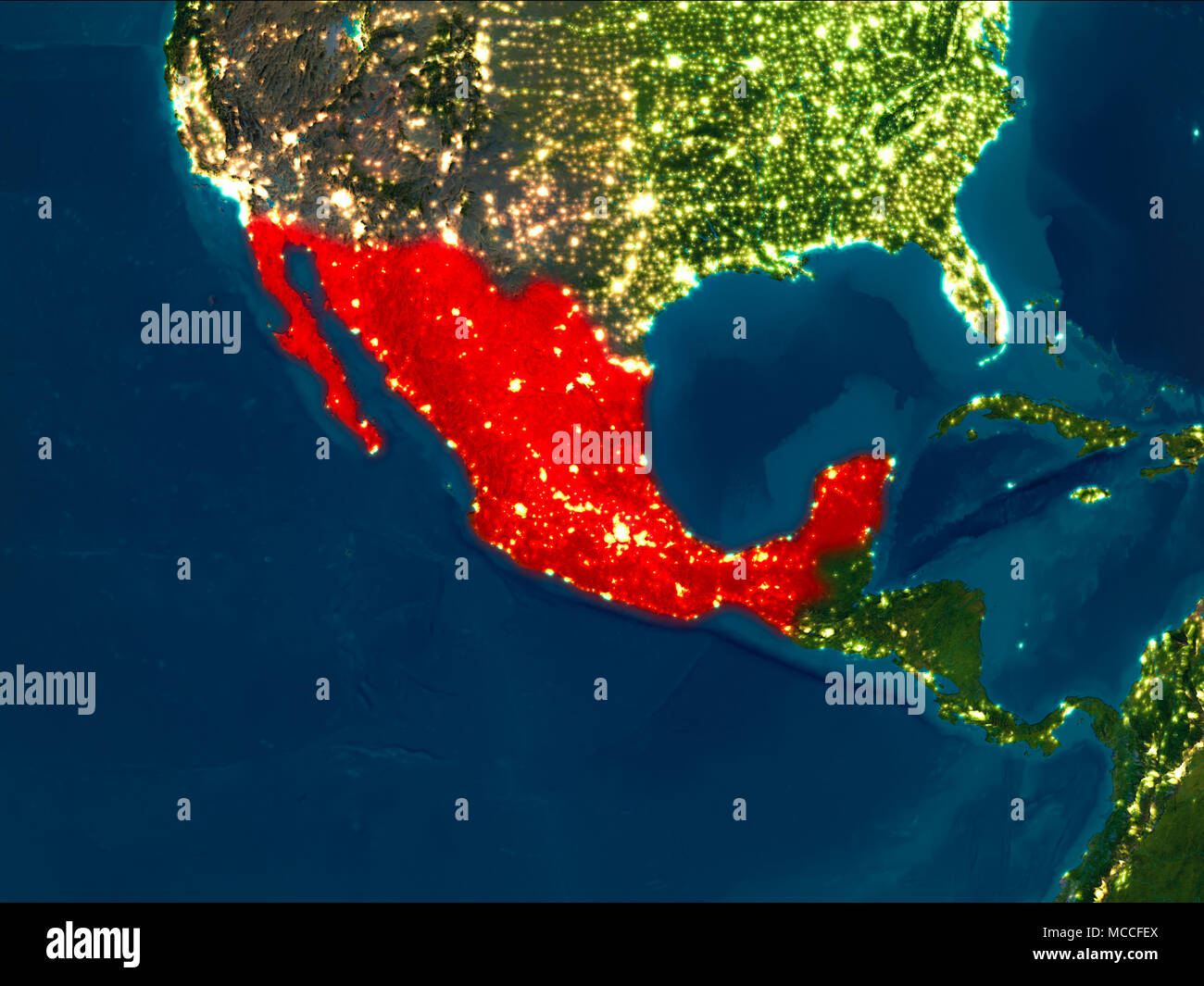 Satellite night view of Mexico highlighted in red on planet Earth. 3D ...