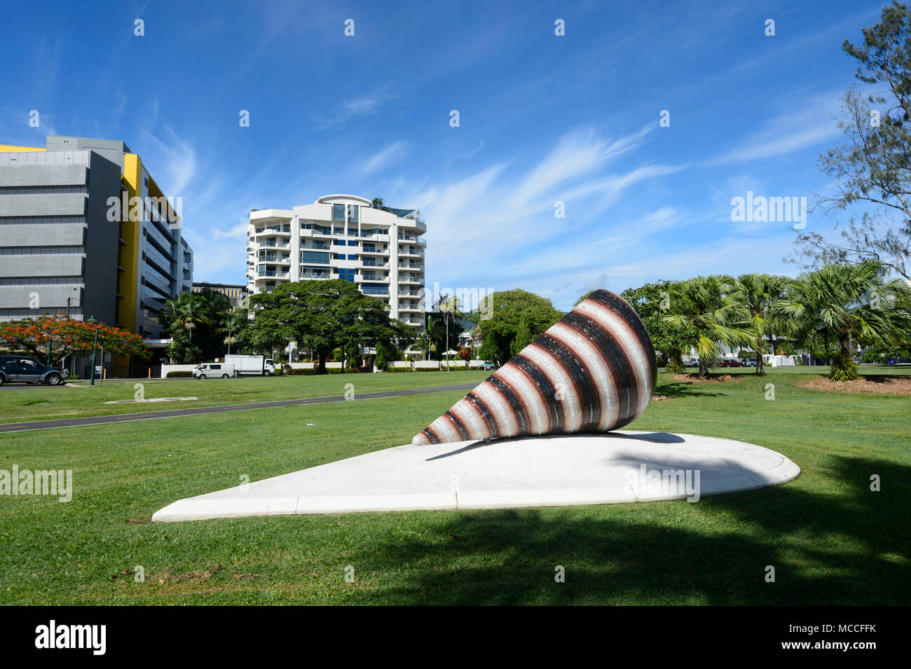 Telescopus, a large mosaic shell sculpture in a park, Cairns, Far North ...