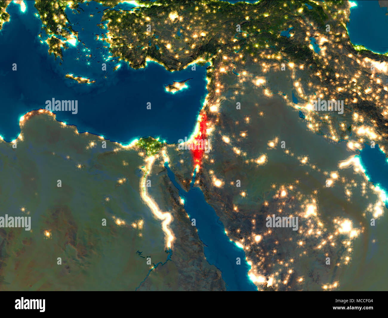 Satellite night view of Israel highlighted in red on planet Earth. 3D illustration. Elements of ...