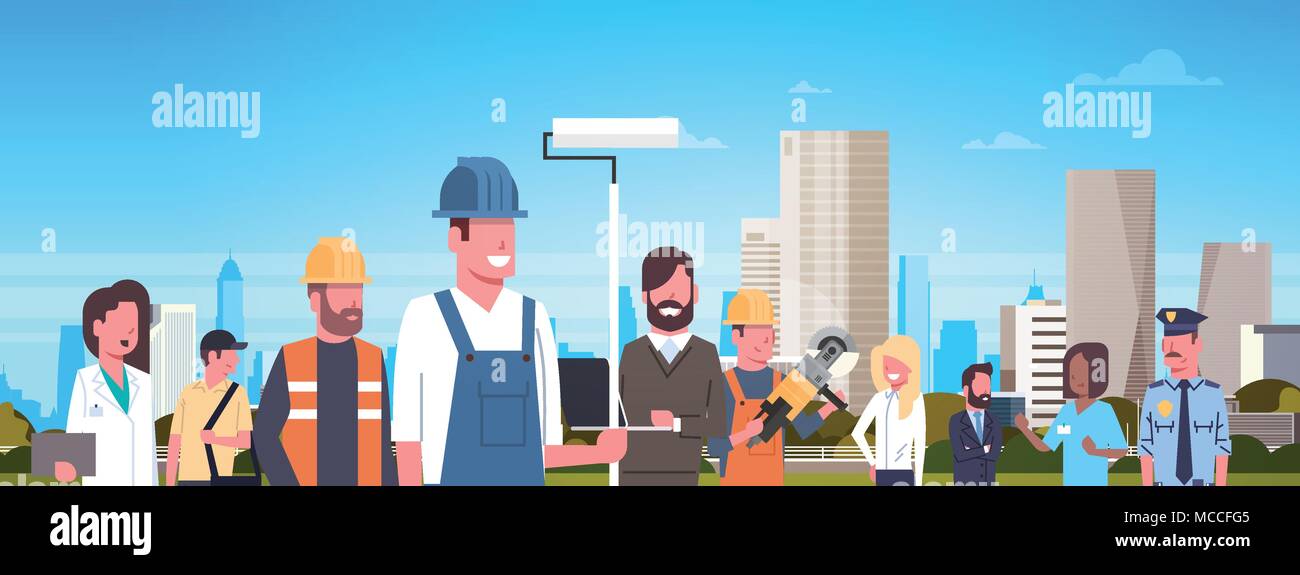 Group Of People Of Different Occupations Over Modern City Background ...