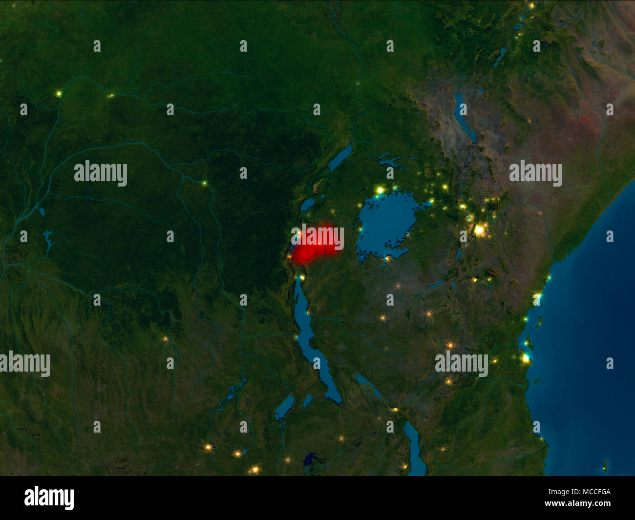 Satellite night view of Rwanda highlighted in red on planet Earth. 3D ...