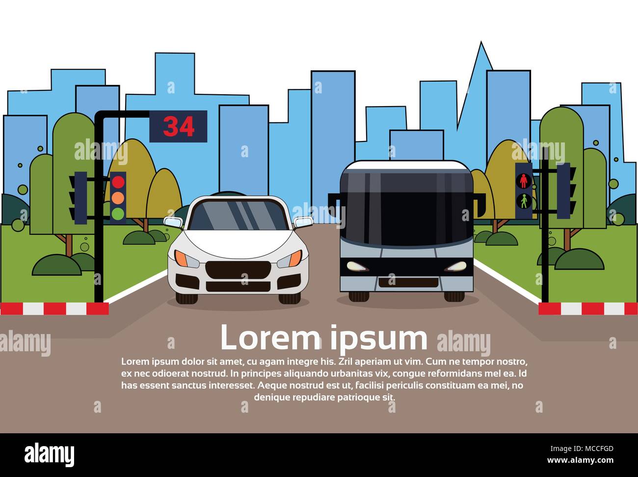 Road Traffic With Car And Bus Over City Buildings Background Stock ...