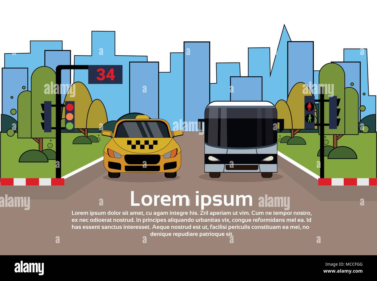 Road Traffic With Taxi Car And Bus Over City Buildings Background Stock ...