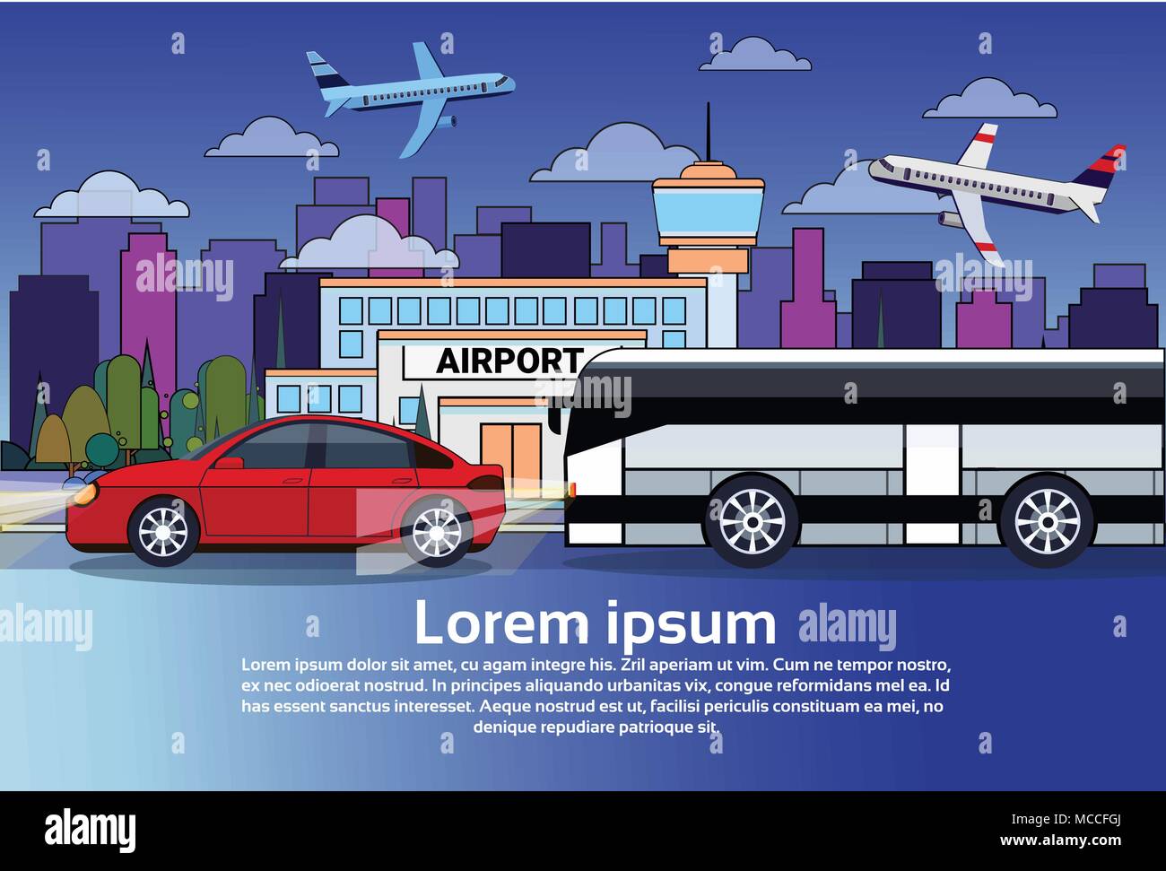 Night Road Traffic With Bus And Car Over City Buildings And Airplanes ...