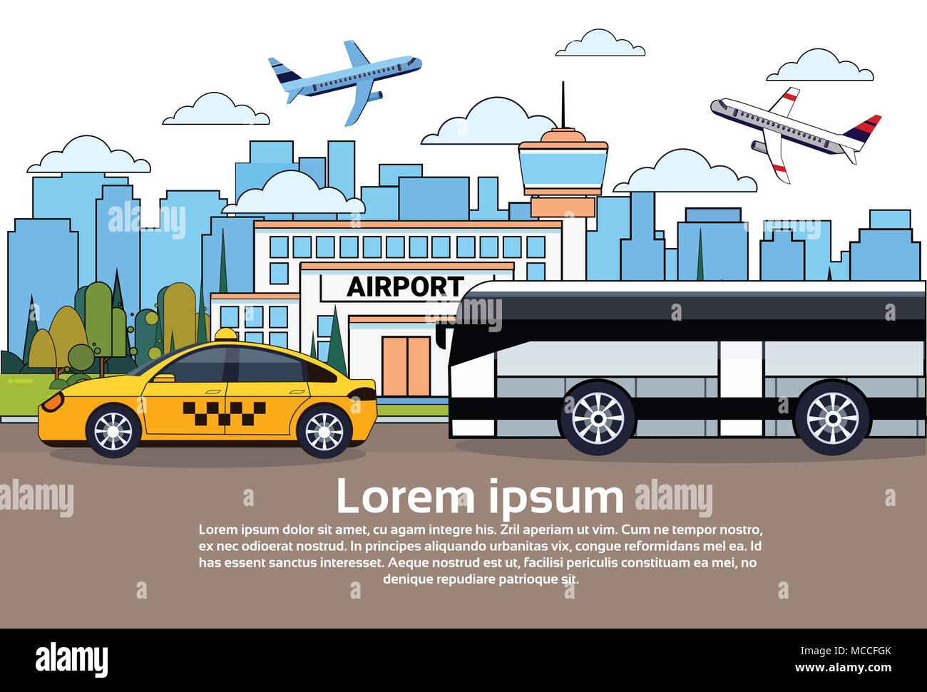 Road Traffic With Bus And Taxi Car Over Airport Buildings And Airplanes ...