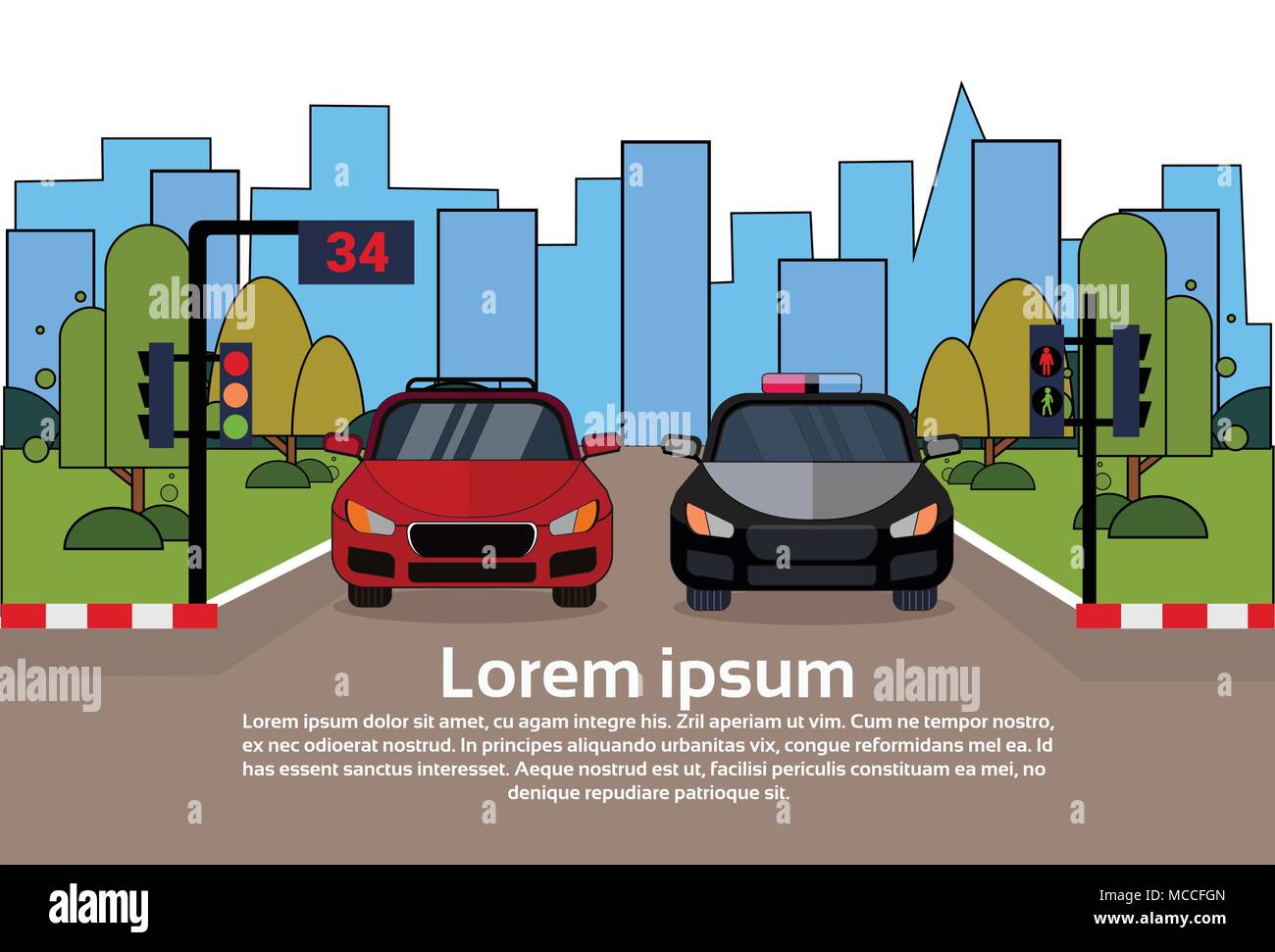 Road Traffic With Police Vehicle And Car On Street Over City Buildings ...