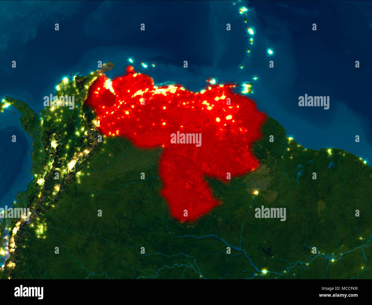 Satellite night view of Venezuela highlighted in red on planet Earth. 3D illustration. Elements ...