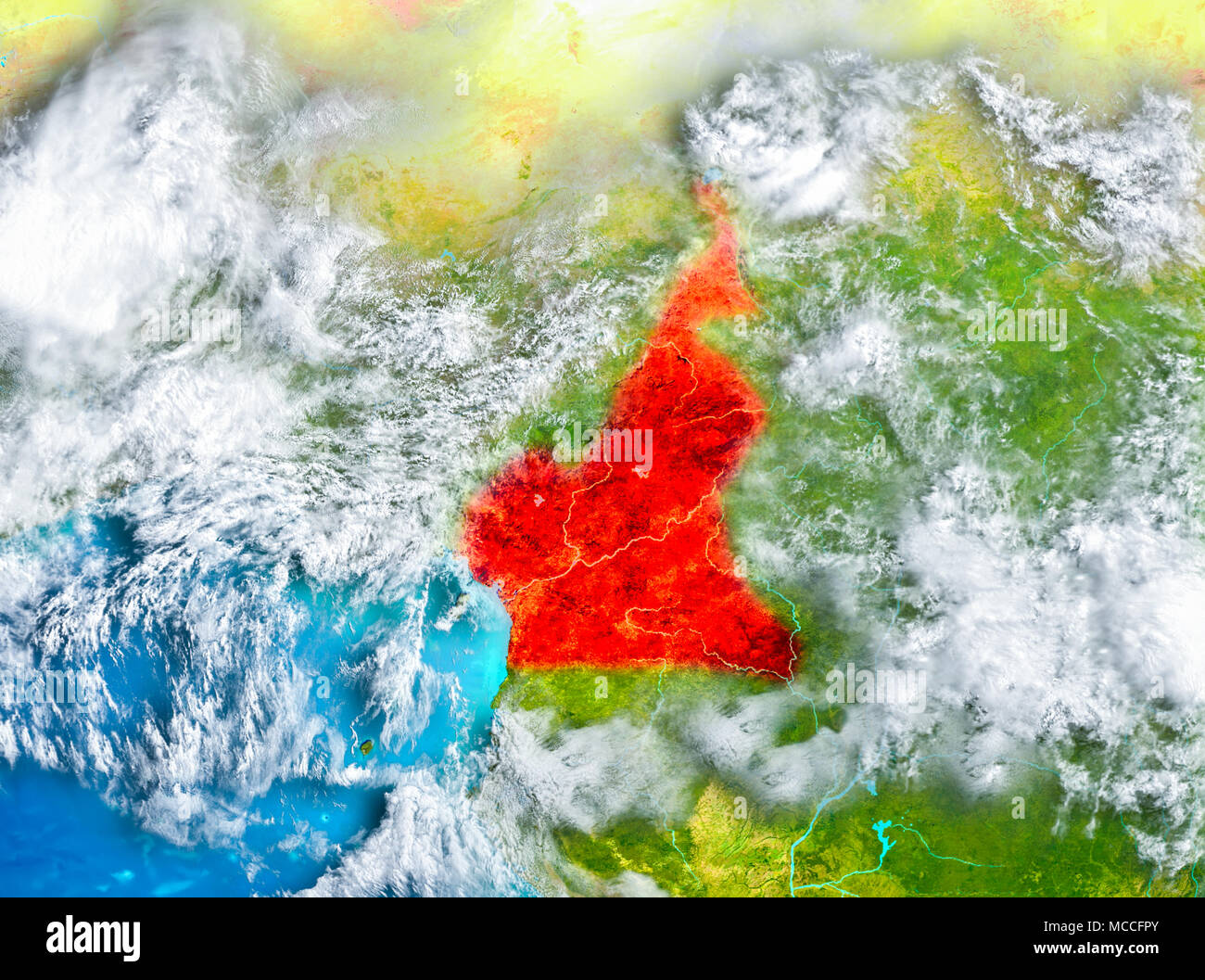 Cameroon highlighted in red on planet Earth. 3D illustration. Elements ...