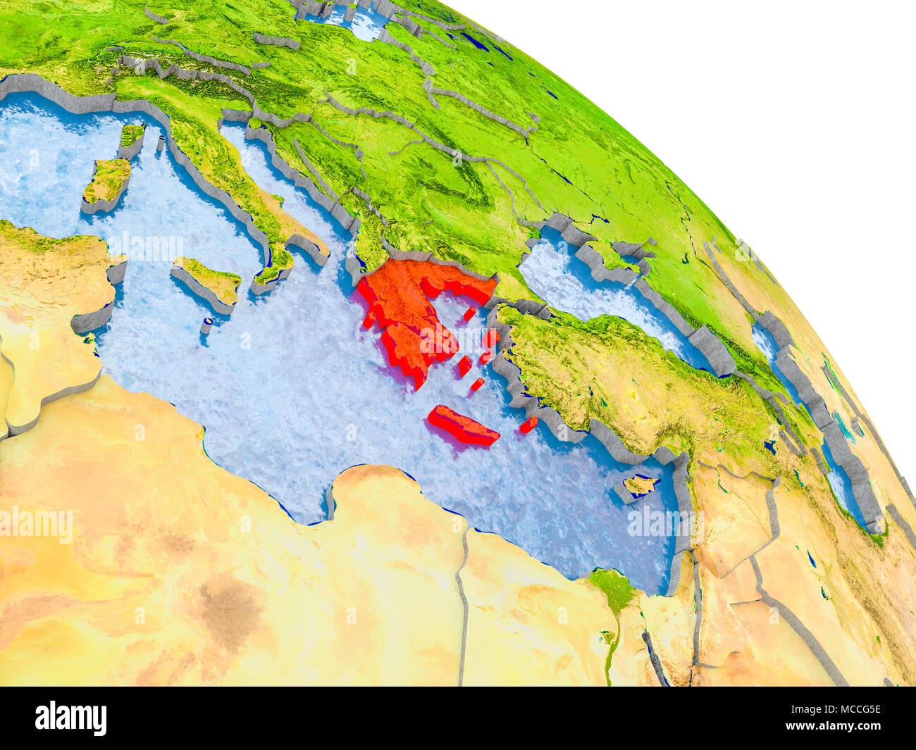Illustration of Greece highlighted in red on glob with realistic ...