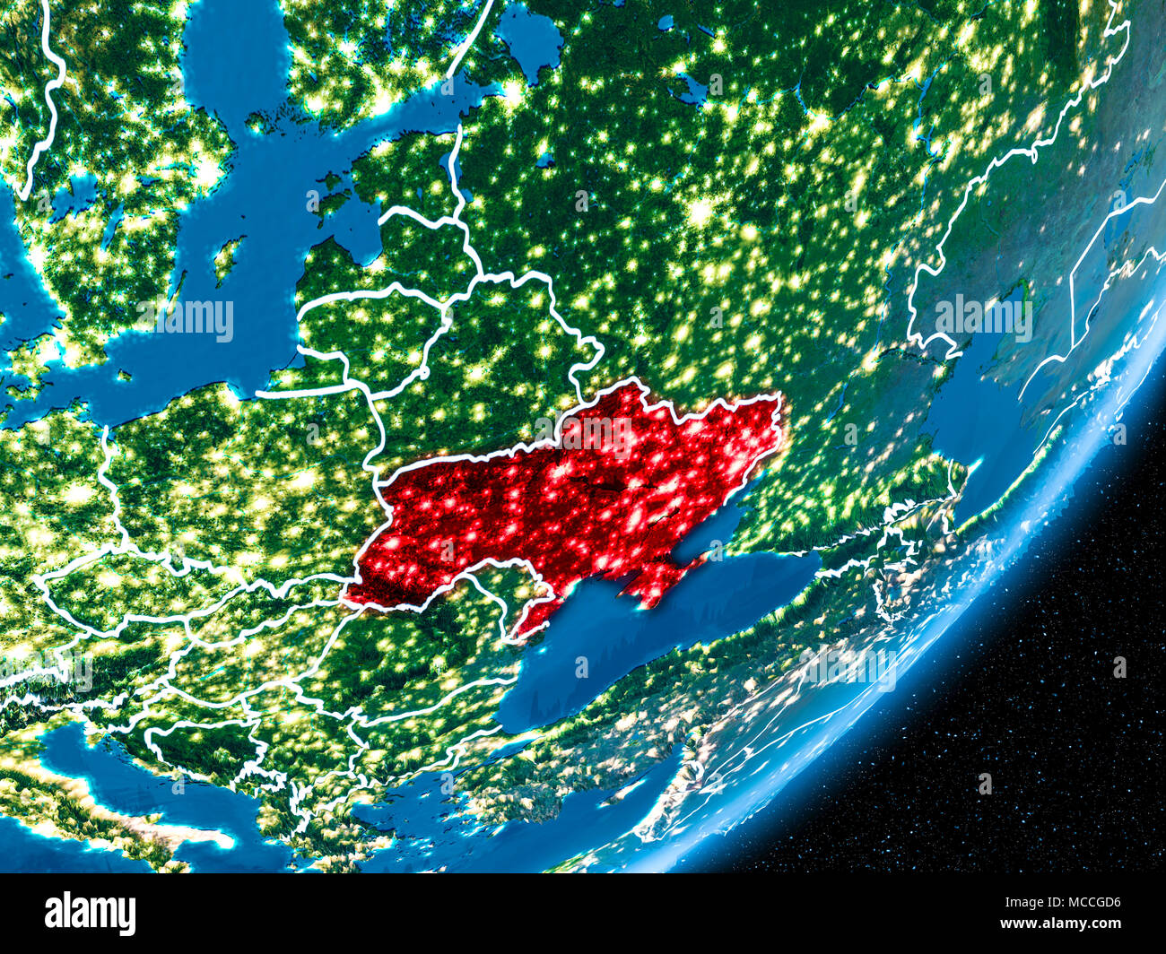 Ukraine in red on planet Earth at night with visible borderlines and ...